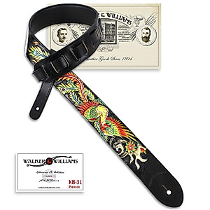 Walker And Williams KB-31 Skinny Series 2" Wide Flat Black Premium Grain Leather Padded Guitar Strap With Hand Tooled Red And Gold Phoenix Design