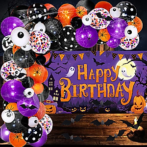 Halloween Birthday Party Decorations, Halloween Birthday Backdrop Banner Purple Orange Balloon Garland Arch Kit Confetti Balloons with Spider Web Bat Stickers for Halloween Theme Party Decorations