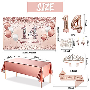 Trgowaul 14th Birthday Decorations Party Set for girls, Rose Gold 14 Birthday Banner and Tablecloth, 14 & Fabulous Sash and Tiara, 1PC Happy 14th Birthday Cake Topper, Pink Gold 14 Number Balloons