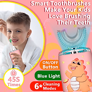 Kids Electric Toothbrush U Shaped Ultrasonic Automatic Brush with 2 Brush Head 6 Sonic Clean Modes IPX7 Waterproof Unicorn Design Whole Mouth Rechargeable Smart Timer Toothbrushes for Children 2-6