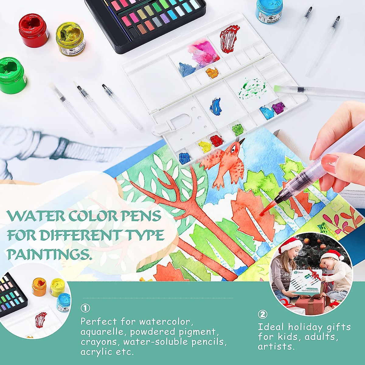 Junreox 12Pcs Watercolor Brush Pens, Premium Water Brush Pen Leakproof with Assorted Tips, Water Brush Pens for Watercolor, Refillable Watercolor Pens, Watercolor Paint Pens, Arts Value Set