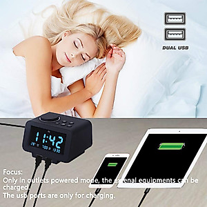 【Upgraded】Digital Alarm Clock, FM Radio, Dual USB Charging Ports, Temperature Detect, Dual Alarms with 7 Alarm Sounds, Snooze, 6-Level Brightness Dimmer, Batteries Operated, for Bedroom, Sleep Timer