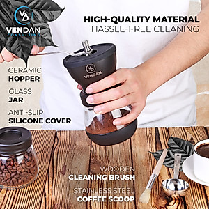 VenDan Manual Coffee Grinder - Hand Crank Coffee Grinder with Travel Jar - Coffee Bean Grinder - Incl. Coffee Scoop & Cleaning Brush - Molino de Cafe
