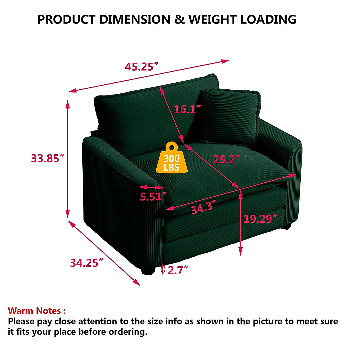 Nestglow Oversized Modular Sectional Sofa Chair, 45'' Modern Corduroy Comfy Cloud Couches for Living Room Apartment, Deep Seat Sofa Chair with 1 Toss Pillows, Green