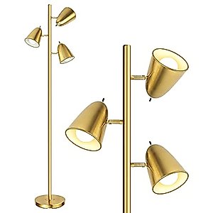 QiMH Tree Floor Lamp with 3 Light Bulbs, Standing Tall Pole Lamps for Living Room Bedroom Office, Reading Stand up Lamps with 3 Adjustable Arms, Brushed Gold