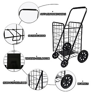 Metal Folding Grocery cart (Iron), Large Capacity Produce cart, Upgraded Rubber Big Iron Wheel, Stable wear-Resisting, Convenient and Lightweight, Bearing 50KG(Black)…