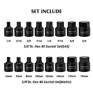 MIXPOWER 3/8-Inch Drive Low Profile Impact Hex Driver Set, 16-Piece, SAE/Metric, Hex, 1/4 Inch - 3/4 Inch, 6mm - 19mm, Cr-Mo Steel, One- Piece Construction