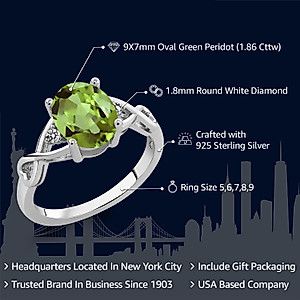 Gem Stone King 925 Sterling Silver Green Peridot and White Diamond 3 Stone Ring For Women (1.86 Cttw, Gemstone Birthstone, Available In Size 5, 6, 7, 8, 9)