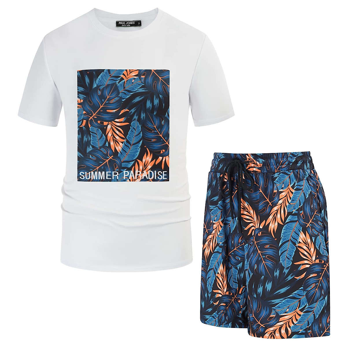 PJ PAUL JONES Men's Fashion Hawaiian Shirt and Short Sets 2 Piece Outfits Short Sleeve Floral Print Beach Set Blue L