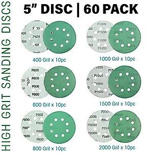 LotFancy 5 Inch 8 Hole Sanding Discs - 60PCS 400 600 800 1000 1500 2000 Grit Wet Dry Sandpaper Fine Grit Assortment, Green Film Backed, Hook and Loop Random Orbital Sander Sand Paper