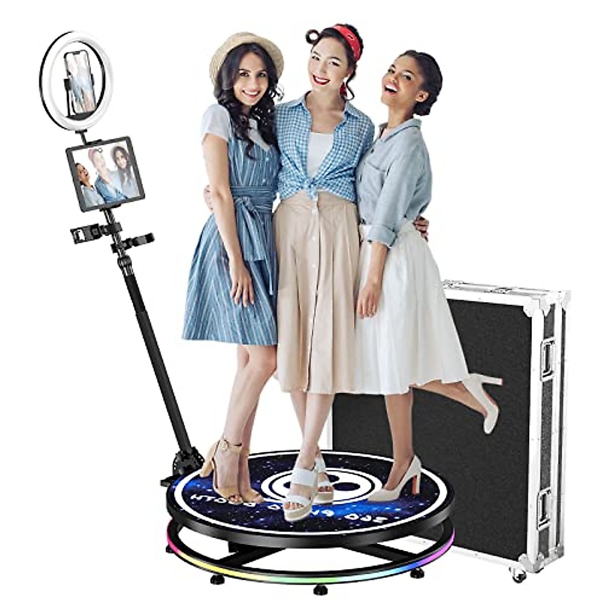 YCKJNB 360 Photo Booth 31.5" Machine with Flight case,3 People Stand,Free Custom Logo with Extra Replacement Accessories,Software APP Control, Rotating Platform Auto Slow Motion Spinner Camera Booth