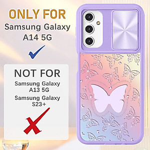 Plakill for Samsung Galaxy A14 5G Case, Cute Stylish Designer Galaxy A14 5G Phone Cases with Slide Camera Cover + Ring Holder,Butterflies Slim Protective Shockproof Hard Clear Cases for A14 5G
