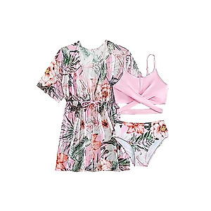 Cozyease Girls' 3 Piece Watermelon Print Drawstring Waist Swimsuit Tie Front Bikini Set Spaghetti Strap Bathing Suit Light Pink 11-12Y