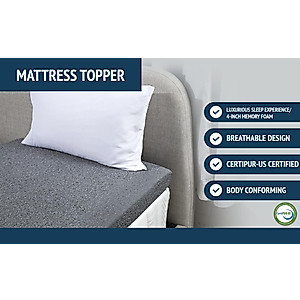 SweeMate 4 Inch Memory Foam Mattress Topper - Body Cooling - Breathable - Removable Cover - CertiPUR-US Certified - Twin/Full/Queen (Twin), Gray