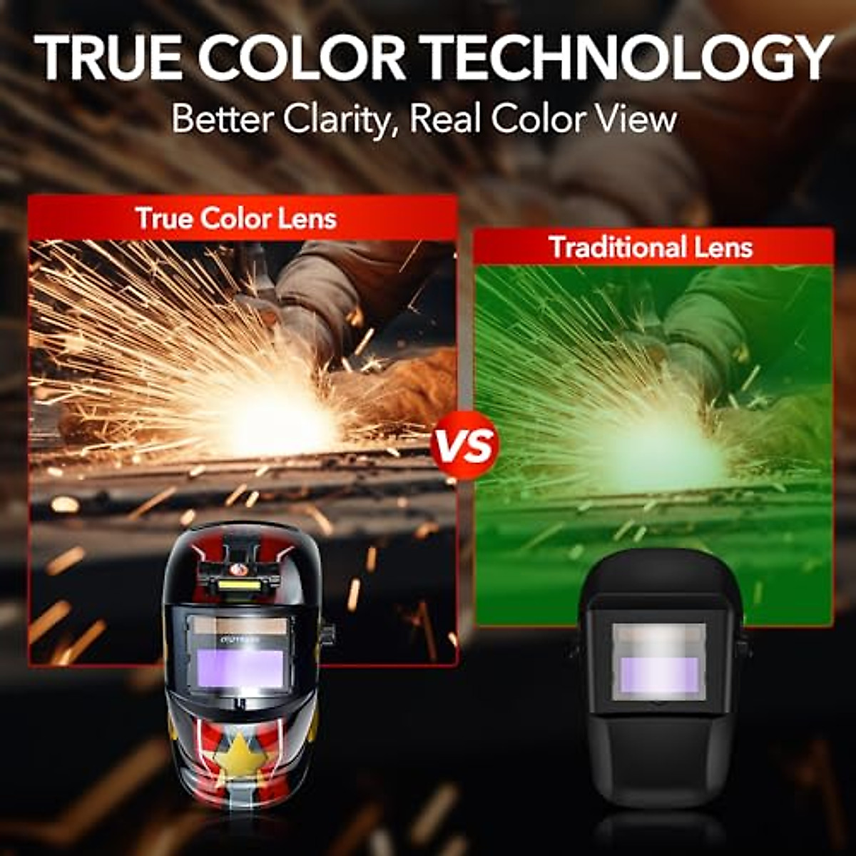 TRQWH Welding Helmets for Men Auto Darkening Welding Hood with LED Light True Color Solar Powered Welder Helmet Adjustable Wide Shade Range 4/9-13 Welder Mask for TIG MIG ARC Weld Plasma Cut Grinding