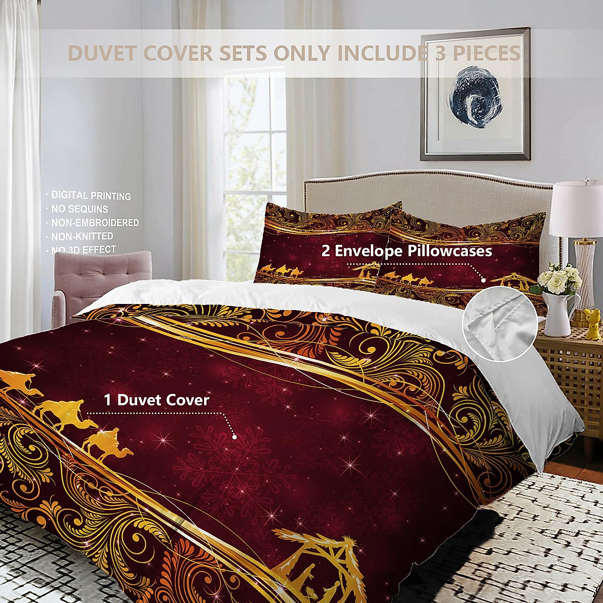 BaoNews Christmas Wise Men Duvet Cover Set Queen Size,3 Pieces Golden Star of Bethlehem Golden Floral Bedding Set Hotel Quality 100% Cotton Comforter Cover Set with 2 Pillowcases(No Filler)