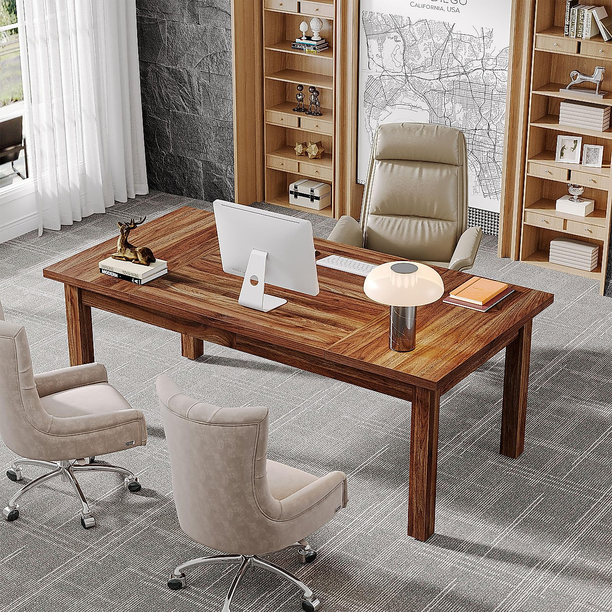 Tribesigns 70 Inch Large Desk, Wood Farmhouse Office Computer Desk Writing Study Desk for 1-2 Person, Executive Desk with Thickened Frame and Board