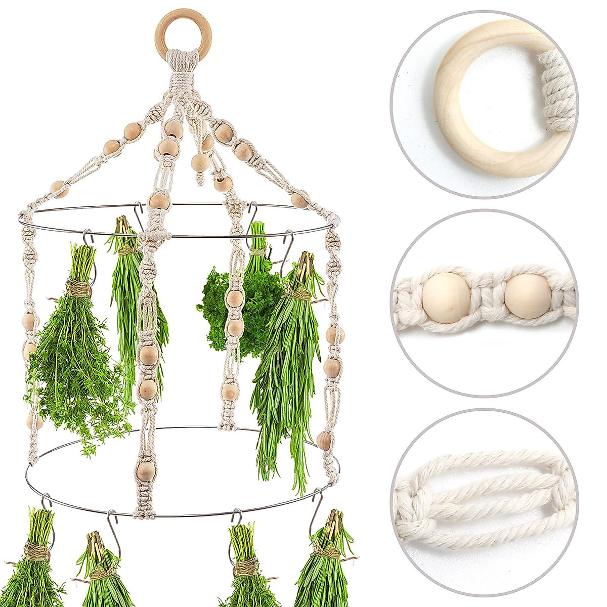 ZUDKSUY Double Hanging Drying Rack with 15 Hooks Hand-Woven Hanging Vegetable Drying Rack, Air-Dried Vegetable and Dried Fruit Rack for Air-Dried Plants, Spices and Flowers