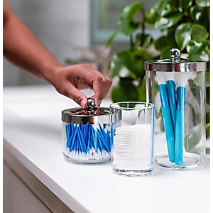 Huang Acrylic Chrome Lid Clear Cosmetic Container | Store Q-Tips, Cottonballs, Cotton Rounds | Perfect Counter Top or Shelf Storage | Large