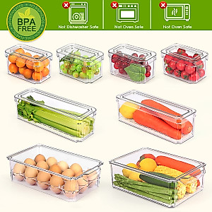 8 Pack Fridge Organizer with Egg Holder, PBA-Free Refrigerator Organizer Bins with Lids, Stackable Plastic Pantry Organizer Bins for Kitchen, Countertops, Cabinets, Fridge, Fruits, Vegetable, Cereals