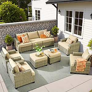 CAODOC 9 Piece Patio Furniture All Weather 9-Seater Outdoor Sectional Sofa with Outdoor Chairs Ottomans for Porch,Garden,Backyard,Deck(Beige)