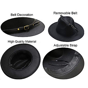 Eohak Womens Belt-Buckle-Panama-Hat Wool Womens Wide Brim Fedora Hat (S-M) Black