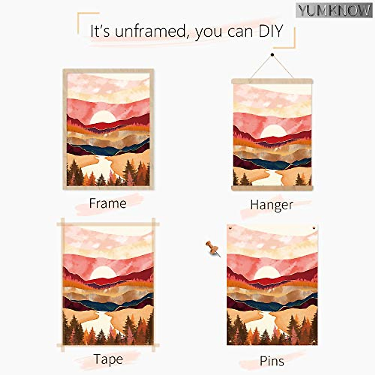 Yumknow Abstract Nature Wall Art - Boho Wall Art for Bedroom Wall Decor for Living Room Pictures for Wall Prints, Unframed 16x20 inch, Mountain Decor, Sunset Wall Art, Moon Poster,Modern Fall Wall Art