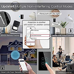 MoesGo WiFi Smart Wall Light Switch,Glass Panel, Multi-Control(3 Way), 2.4GHz Wi-Fi Touch Switches, Neutral Wire Required, Remote Control Smart Life/Tuya App, Work with Alexa, Google Home Black 4 Gang