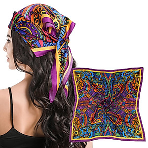 MANSPHIL 100% Mulberry Silk Head Scarf for Women Hair Sleeping, 27"x27" Square Purple Pattern Fashion Bandanas Wraps Bag Gift Packed