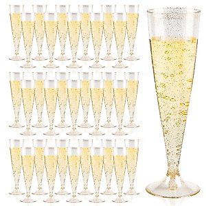 Qeirudu 50 Pack Plastic Champagne Flutes, 4.5 oz Gold Glitter Champagne Glasses Disposable Toasting Glass for Party Wedding Baby Shower Mimosa Bar Supplies