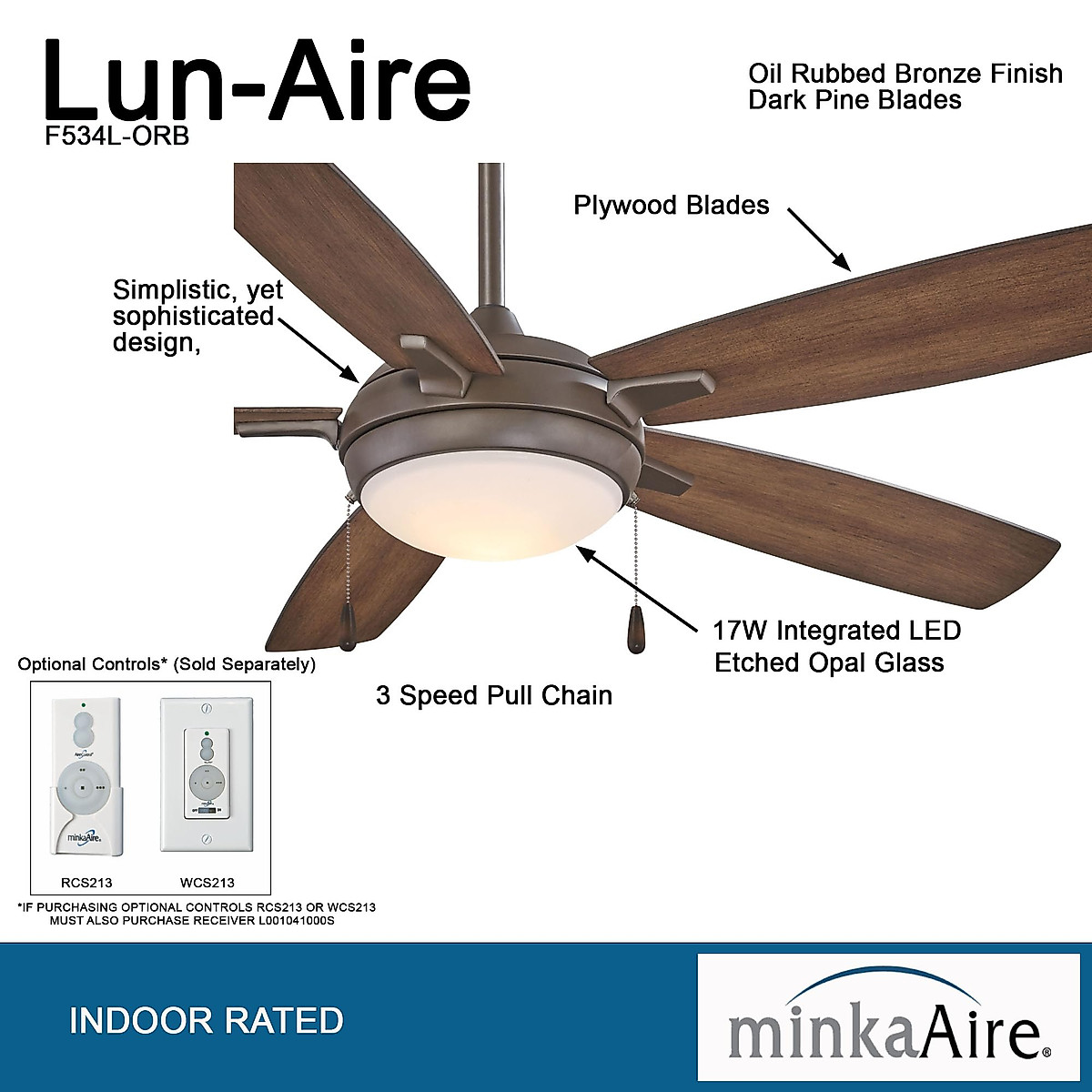 Minka-Aire F534L-ORB Lun-Aire With Light 54 Inch Ceiling Fan with Integrated 17W LED Light in Oil Rubbed Bronze Finish