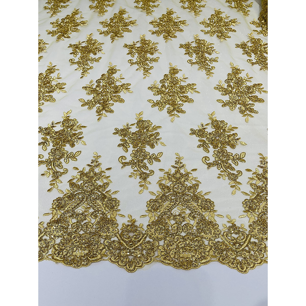 New Creations Fabric & Foam Inc, 50" Wide Floral Design Embroidery On A Mesh Lace with Sequins and Cord Fabric (1 Yard, Metallic Gold)