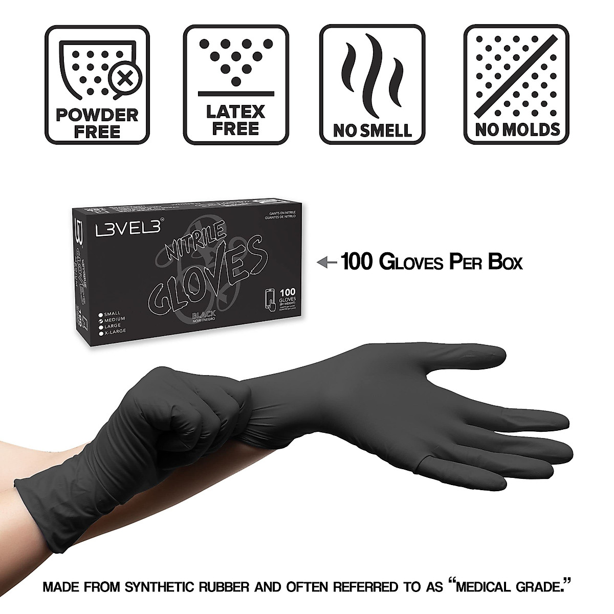L3 Level 3 Nitrile Gloves - Professional Heavy Duty Disposable Gloves - Latex Free - Fits Snug - Box of 100