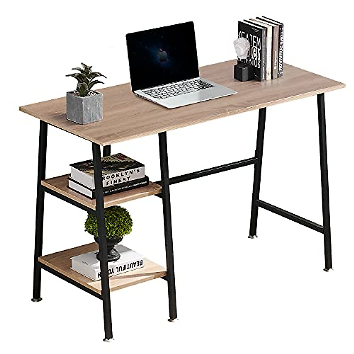VECELO 43 Inch Writing Computer Desk, Home Office Study Tables with 2 Tier Storage Shelves eiton Left or Right Side, Simple Industrial Style with Adjustable Feet and Water Proof Surface, Oak, 43"