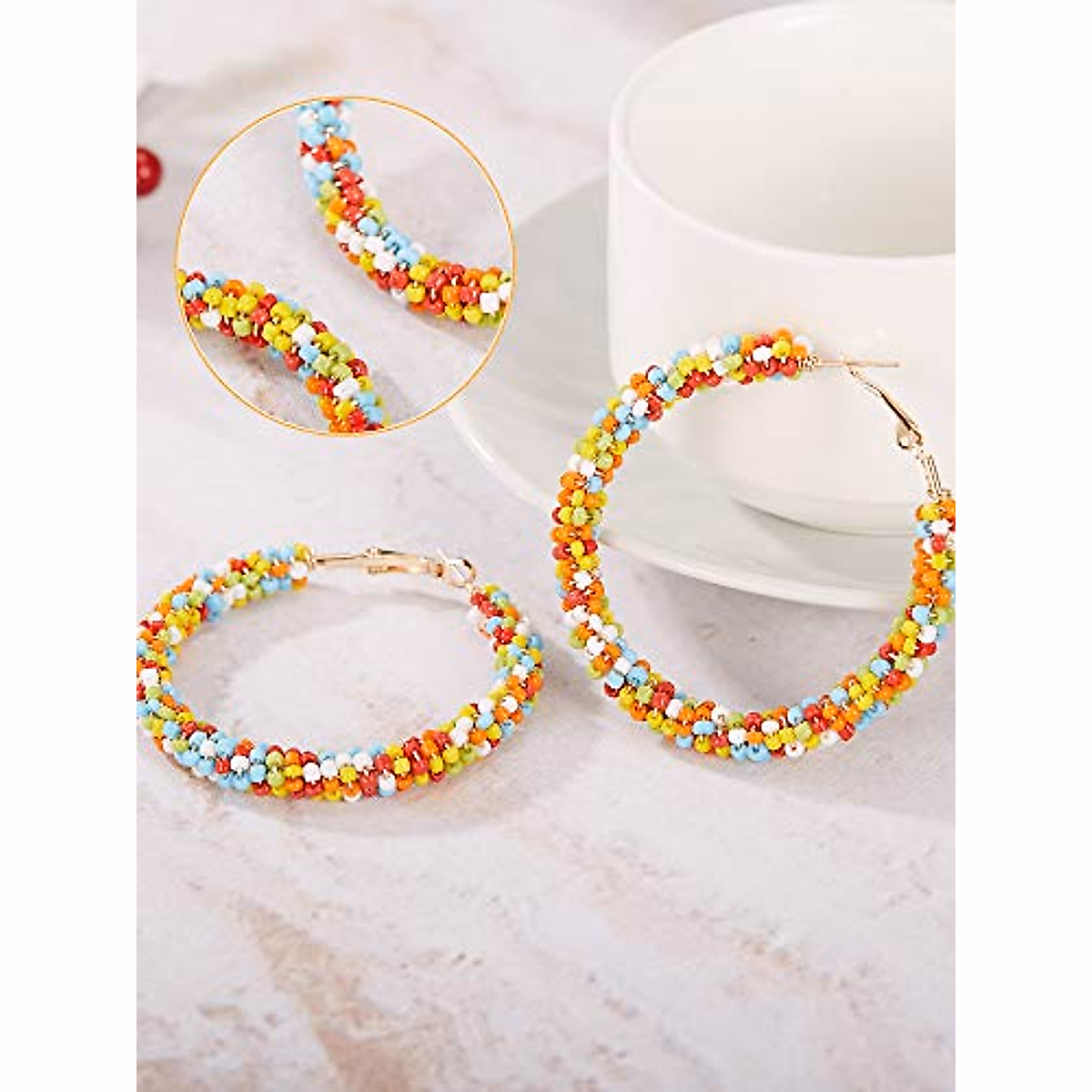 6 Pairs Bohemian Beaded Hoop Earrings Women Colorful Handmade Large Circle Dangle Drop Earrings for Women(Cute Colors)