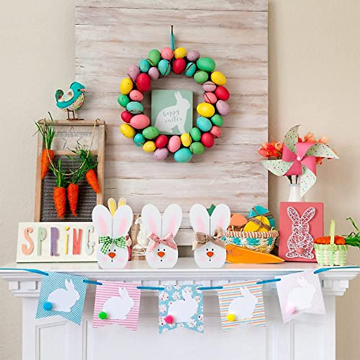 Easter Decorations for the Home, hogardeck 3 Pcs Easter Bunny Table Decor, Wood Sign Rabbit Block Set with Plaid Dot Burlap Bow Wooden Signs Table Centerpiece Farmhouse Decor for Party Fireplace Tiered Tray Tabletop