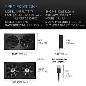 AC Infinity AIRPLATE T7, Quiet Cooling Fan System 12" with Thermostat Control, for Home Theater AV Cabinets