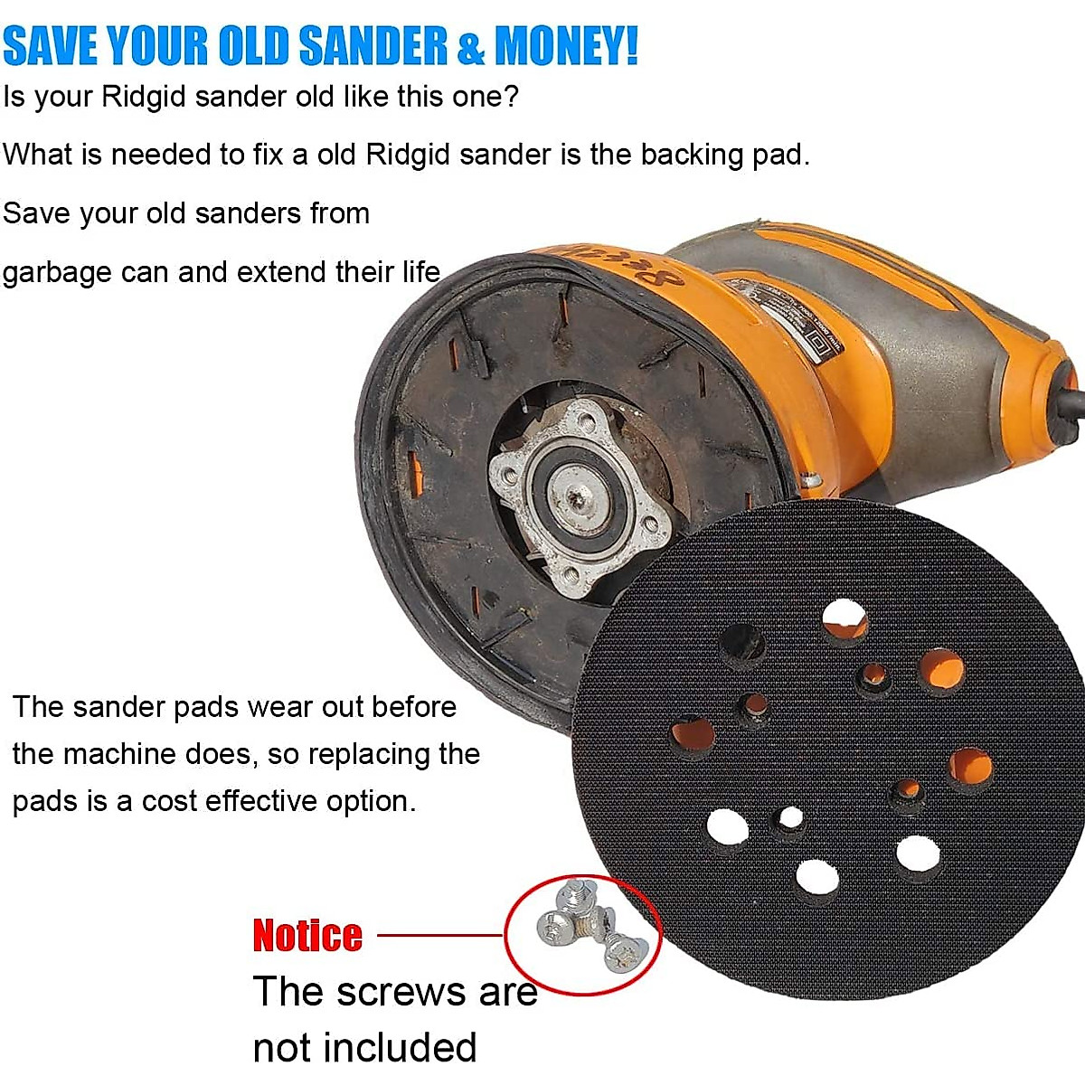 2 Pack 5 Inch 8 Hole Hook and Loop Sander Pad for Ridgid R2600, R2601 5" Random Orbit Sanders - Replacement Backing Sanding Pad for Pad Part Number 300527002