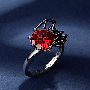 Jeulia Round Cut Silver Ring: Sterling Silver Hug Me Black Spider Gothic Ring Band Fashion Anniversary Promise Engagement Wedding Halloween Ring Set for Her with Gift Jewelry Box (Spider-Red, 8)