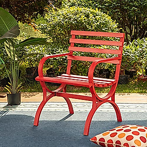 MFSTUDIO Outdoor Garden Patio Bench,Iron Metal Steel Frame Park Single Bench with Backrest and Armrest for Lawn,Porch,Backyard,Balcony-Red