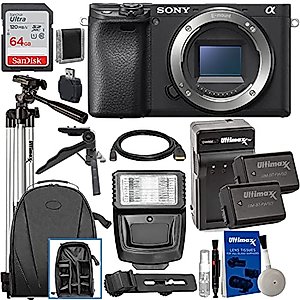 Sony Alpha a6400 Mirrorless Digital Camera (Body Only) with Deluxe Accessory Bundle: SanDisk 64GB Ultra SDXC, Lightweight 50” Tripod, 2X Extended Life Replacement Batteries & Much More