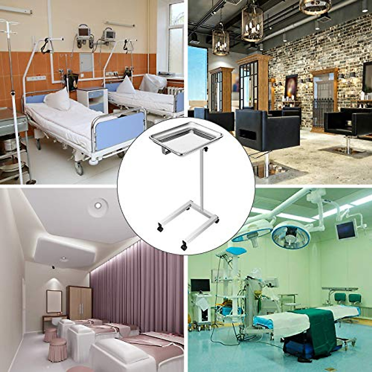 VEVOR Lab Cart Stainless Steel Mayo Tray Stand 18x14 Inch Trolley Mayo Stand Adjustable Height 32-51 Inch Instrument Tray with Removable Tray & 4 Omnidirectional Wheels for Home Equipment Personal Car