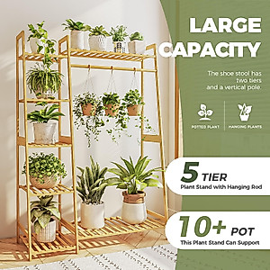Bamworld Hanging Large Plant Stand Indoor, Bamboo Tall Plant Shelf for Multiple Plants, Ladder Coat Flower Rack for Window Garden Balcony Home Decor Living Room Bedroom
