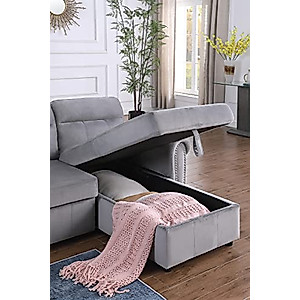 Lilola Home Ashton Gray Velvet Fabric Reversible Sleeper Sectional Sofa Chaise