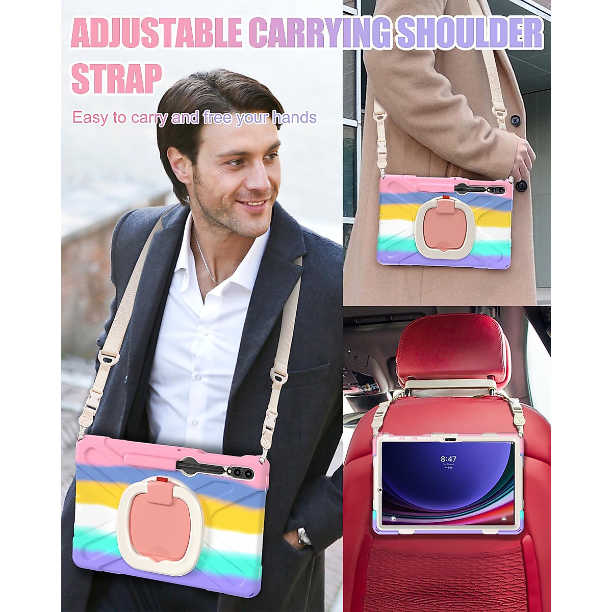 BRAECN Case for 12.4 Inch Samsung Galaxy Tab S9 Plus, S8+, S7+, S7 FE, Rugged Silicone Case with S Pen Holder, Handle Grip, Kickstand, Shoulder Strap, Colorful Pink