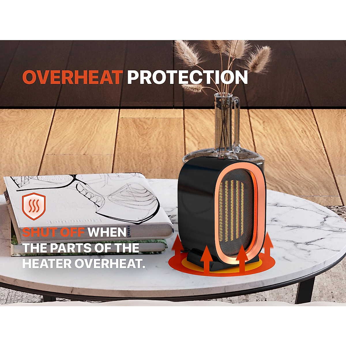 Ceramic Space Heater for Indoor Use, Overheat Protection, Tip-Over Protection, Low Noise Heating, Safe Electric PTC Portable Fan for Office Home Room, Black Smart Handy Warmer for Bedroom Desktop