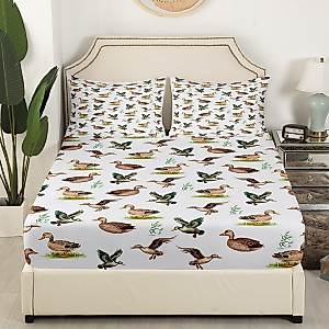 Queen Size Duck Bed Sheet Set Boys Girls Wild Duck Print Fitted Sheet for Kids Women Men Ultra Soft Grey Bedding Set Duck Hunting Bed Cover Room Decor