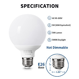 8 Pack Daylight LED Globe Light Bulbs for Bathroom, 120V 60 Watt Eqv., E26 Medium Base, Non-Dimmable Vanity Light Bulbs Round, 5000K Bright G25 LED Bulb Over Mirror