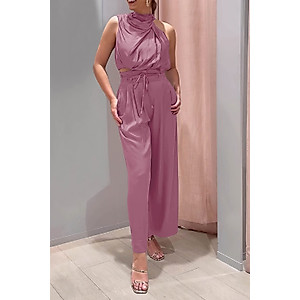 PRETTYGARDEN Women's 2 Piece Outfits 2025 Summer Casual Sleeveless Mock Neck Crop Tops Wide Leg Pants Set (Pink,X-Large)