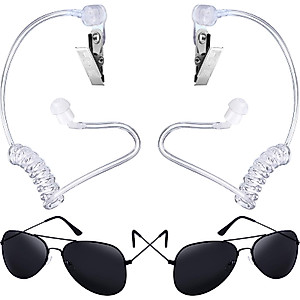 Gejoy 4 Pieces Secret Service Costume Cosplay Set Security Earpiece Earplugs Acoustic Tube Ring Bearer Headset and Sunglasses Ring Wedding Bearer Security (Black Glasses Frame)
